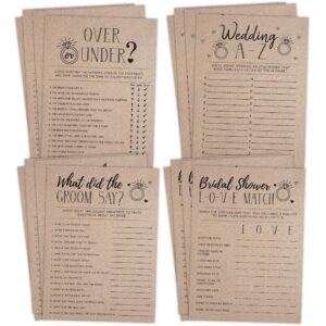 your main event prints bridal shower bachelorette games, rustic kraft, word match, what did the groom say, over and under, wedding alphabet, 25 games each