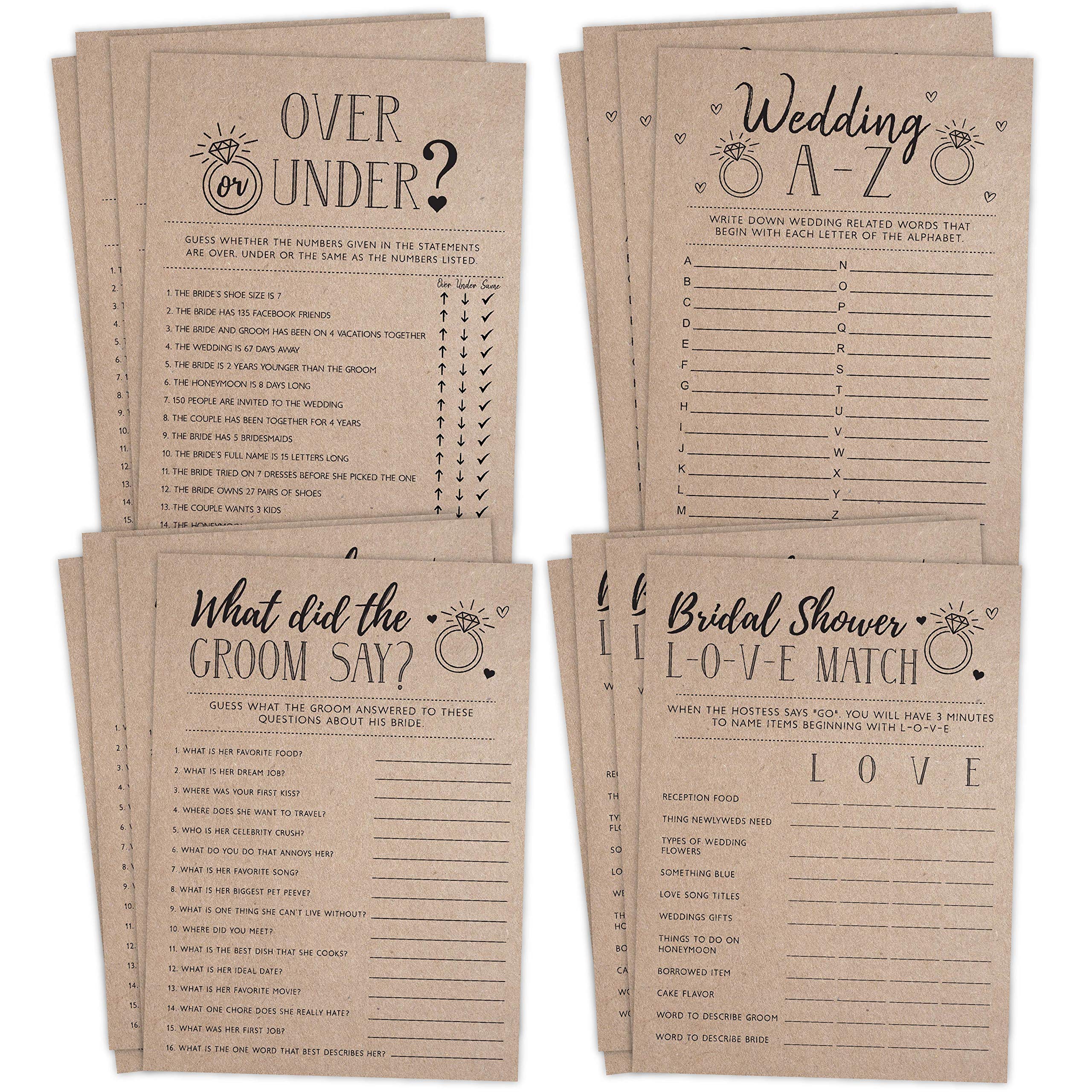 Your Main Event Prints Bridal Shower Bachelorette Games, Rustic Kraft, Word Match, What Did The Groom Say, Over and Under, Wedding Alphabet, 25 games each