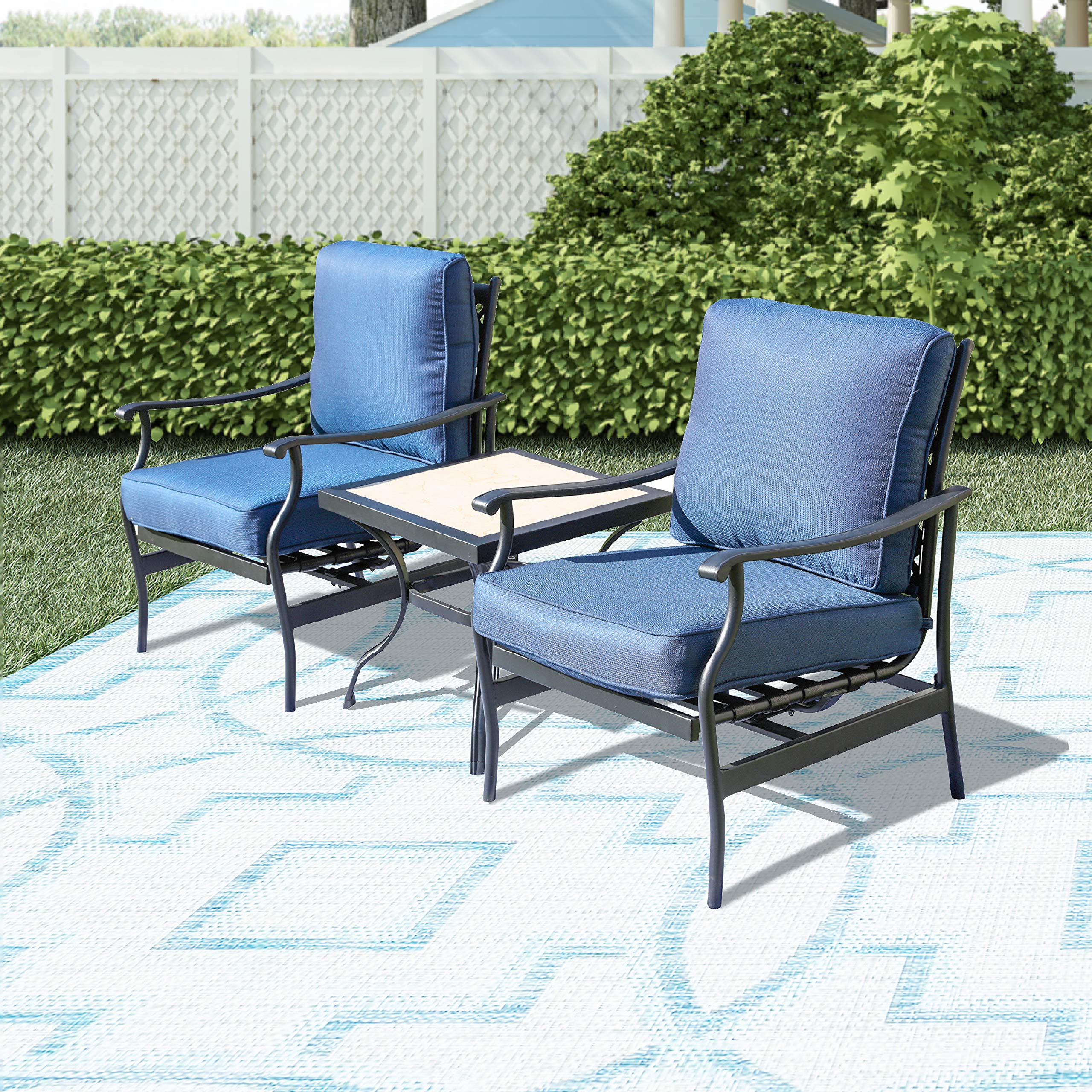 LOKATSE HOME 3 Piece Outdoor Furniture 2 Patio Bistro Chairs and 21 inch Square Dining Table, 3 pc Conversation Set, Blue