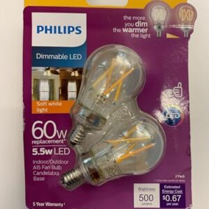 Philips LED Clear Dimmable, Warm Glow Effect A15 Light Bulb - Pack of 2 - EyeComfort Flicker Free - 5.5W=60W - 500 Lumen - Soft White (2700K) - E12 Base - Indoor