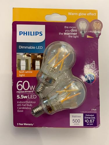 Philips LED Clear Dimmable, Warm Glow Effect A15 Light Bulb - Pack of 2 - EyeComfort Flicker Free - 5.5W=60W - 500 Lumen - Soft White (2700K) - E12 Base - Indoor