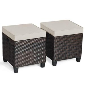 tangkula 2 pieces outdoor patio ottoman, all weather rattan wicker ottoman seat, patio rattan furniture, outdoor footstool footrest seat w/removable cushions