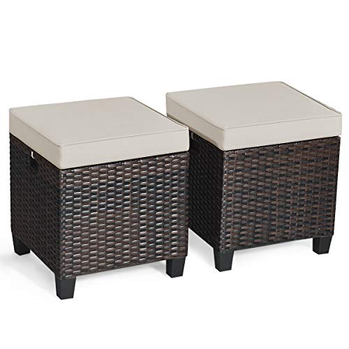 Tangkula 2 Pieces Outdoor Patio Ottoman, All Weather Rattan Wicker Ottoman Seat, Patio Rattan Furniture, Outdoor Footstool Footrest Seat w/Removable Cushions