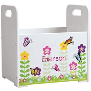 fox valley traders personalized kids wooden book caddy, customized children’s book storage bin, flowers and butterflies design