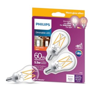 philips led clear dimmable, warm glow effect a15 light bulb - pack of 2 - eyecomfort flicker free - 5.5w=60w - 500 lumen - soft white (2700k) - e12 base - indoor