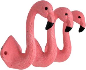 wowser pink tropical flamingo cast iron wall mount coat hooks, 4 inch, set of 3