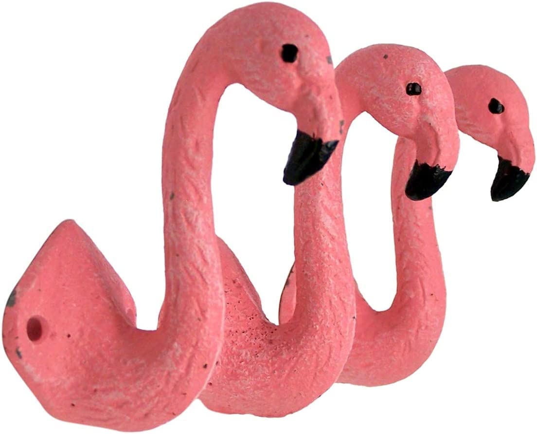 Wowser Pink Tropical Flamingo Cast Iron Wall Mount Coat Hooks, 4 Inch, Set of 3