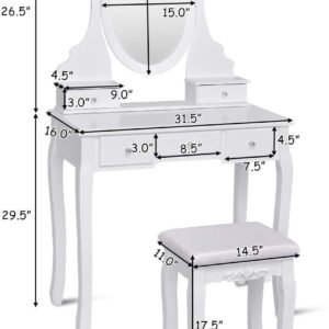 Vanity Table Set, Wooden Dressing Table with Oval 360° Rotating Mirror, 5 Storage Drawers, Painted Finish, Vanity Makeup Table with Padded Stool Seat, Detachable Table Top, Easy to Assemble (White)