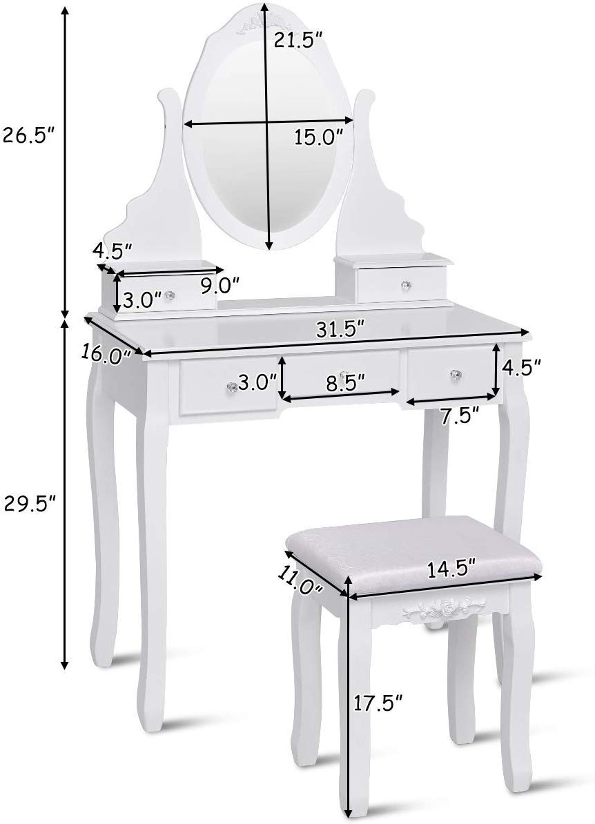 Vanity Table Set, Wooden Dressing Table with Oval 360° Rotating Mirror, 5 Storage Drawers, Painted Finish, Vanity Makeup Table with Padded Stool Seat, Detachable Table Top, Easy to Assemble (White)