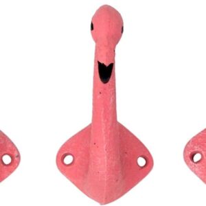 Wowser Pink Tropical Flamingo Cast Iron Wall Mount Coat Hooks, 4 Inch, Set of 3