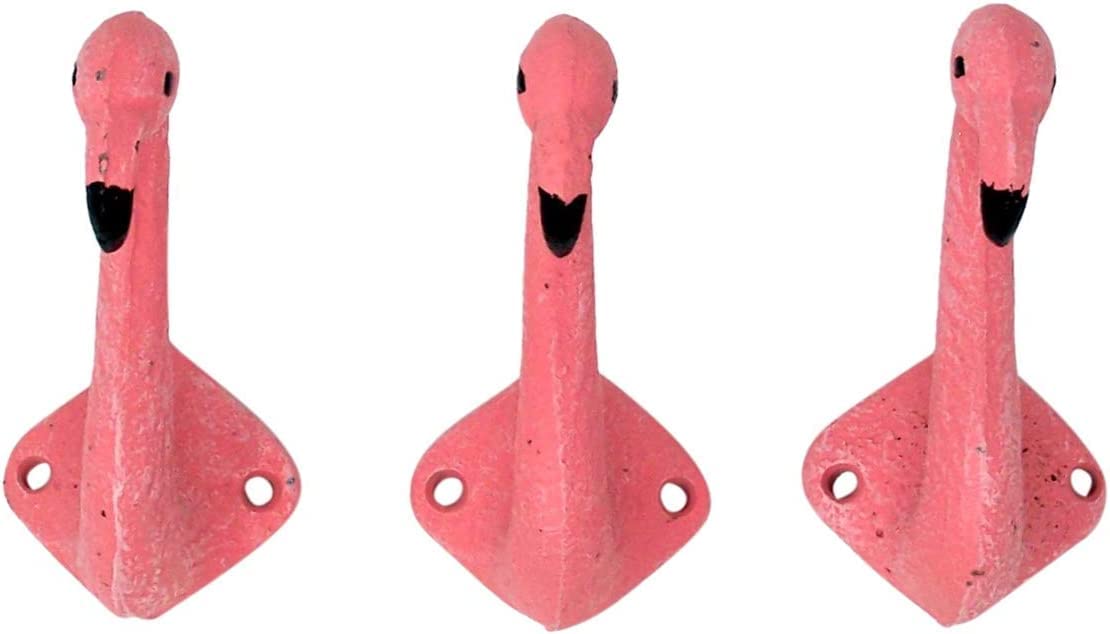 Wowser Pink Tropical Flamingo Cast Iron Wall Mount Coat Hooks, 4 Inch, Set of 3