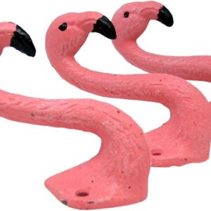 Wowser Pink Tropical Flamingo Cast Iron Wall Mount Coat Hooks, 4 Inch, Set of 3