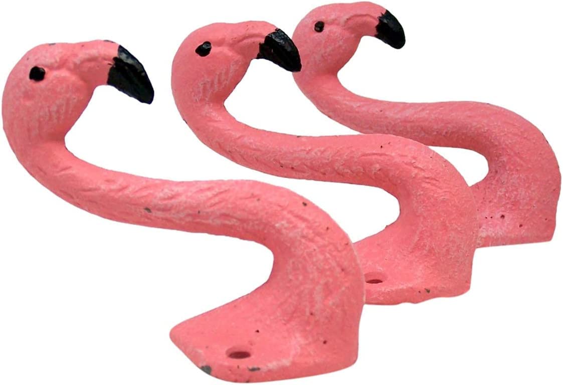 Wowser Pink Tropical Flamingo Cast Iron Wall Mount Coat Hooks, 4 Inch, Set of 3