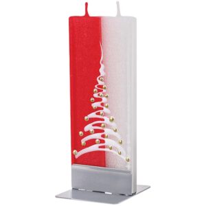 flatyz handmade christmas candle - white & red tree | unscented, drip-resistant & smoke-free 2 wick candle for home & room decor | hand painted flat decorative candles | steel stand included