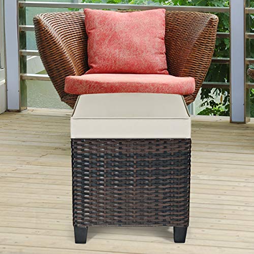 Tangkula 2 Pieces Outdoor Patio Ottoman, All Weather Rattan Wicker Ottoman Seat, Patio Rattan Furniture, Outdoor Footstool Footrest Seat w/Removable Cushions