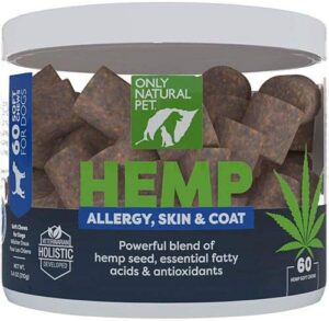 only natural pet allergy, skin & coat hemp soft chews - allergy immune bites for dogs, omega 3 supplement, hemp oil - calming treats for itchy skin relief, hot spot - (60 count)