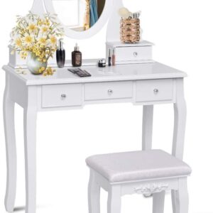 Vanity Table Set, Wooden Dressing Table with Oval 360° Rotating Mirror, 5 Storage Drawers, Painted Finish, Vanity Makeup Table with Padded Stool Seat, Detachable Table Top, Easy to Assemble (White)