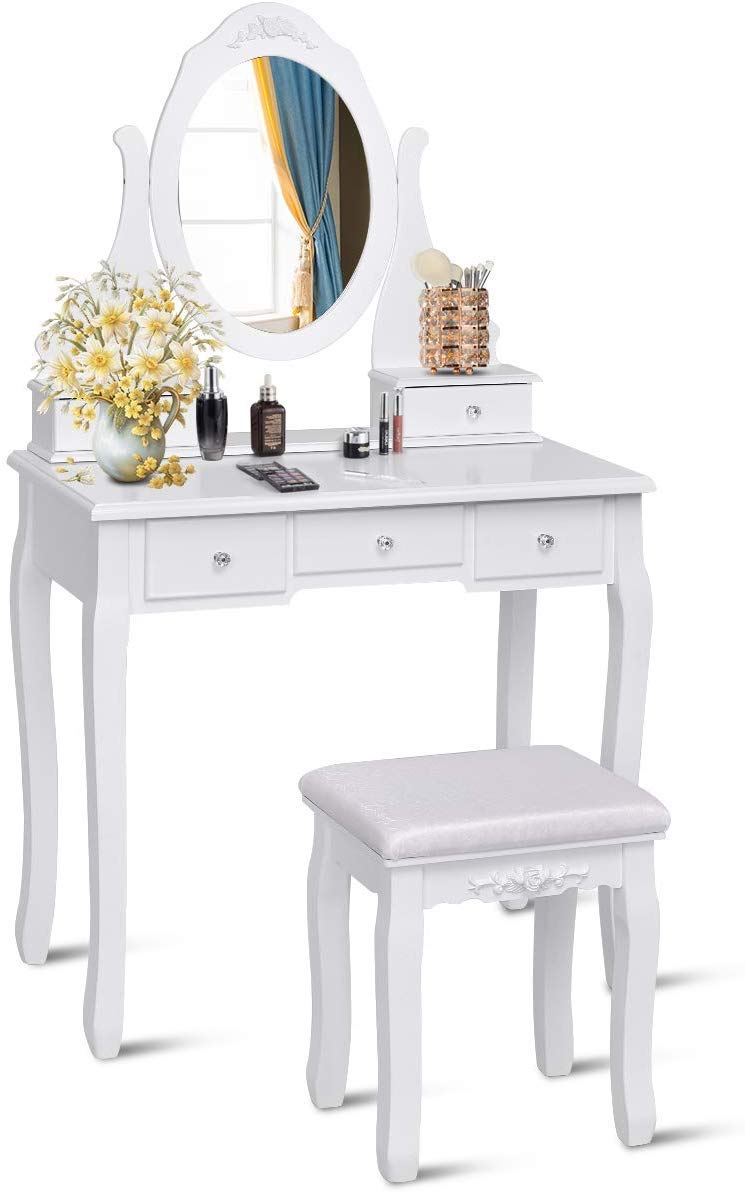 Vanity Table Set, Wooden Dressing Table with Oval 360° Rotating Mirror, 5 Storage Drawers, Painted Finish, Vanity Makeup Table with Padded Stool Seat, Detachable Table Top, Easy to Assemble (White)