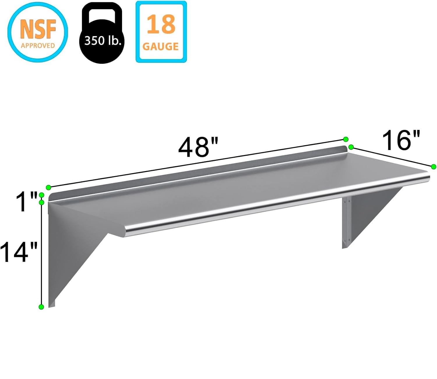 KPS Heavy Duty Stainless Steel Wall Mount Shelf 16 x 48 - NSF