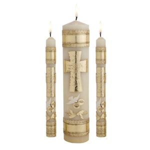 cb church supply hand crafted wedding candle set by will & baumer, set of 3, cross & rings