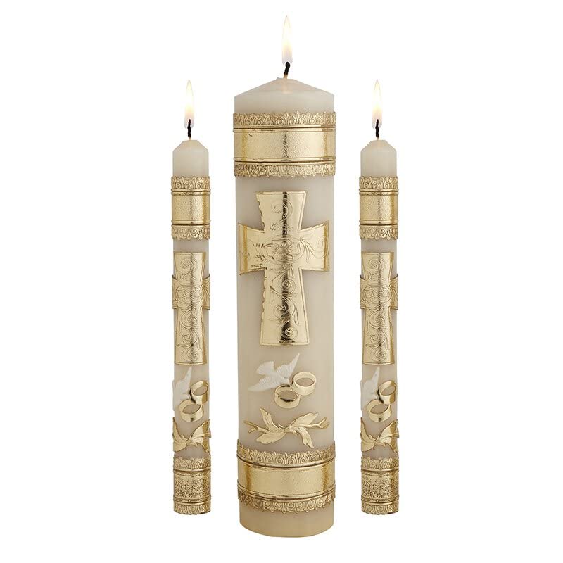 CB Church Supply Hand Crafted Wedding Candle Set by Will & Baumer, Set of 3, Cross & Rings