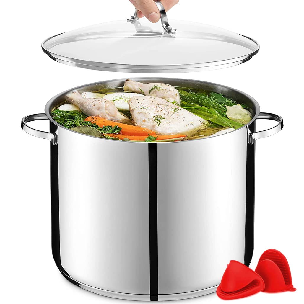 GOURMEX 21-Quart Induction Stock Pot | Stainless Steel Soup Pot with See Through Lid Glass Lid | Grade Heavy Duty Large Stockpot | Compatible with All Heat Sources | Dishwasher Safe