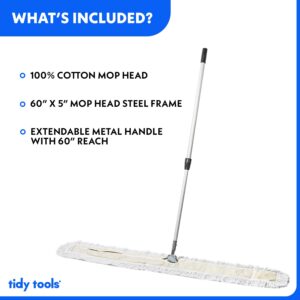 Tidy Tools Commercial Dust Mop & Floor Sweeper, 60 inch Dust Mop for Hardwood Floors, Cotton Reusable Dust Mop Head, Extendable Mop Handle, Industrial Dry Mop for Floor Cleaning & Janitorial Supplies