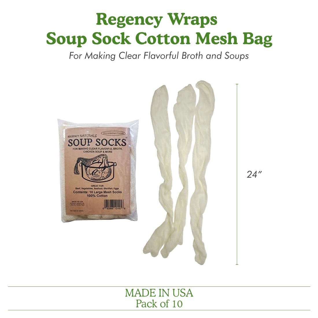 Regency Wraps Soup Socks, Cotton Mesh Bags for Making Clear Flavorful Broth and Soups, Natural 100% Cotton, 24" Pack of 10, Great for Chicken, Veggies, Eggs and More