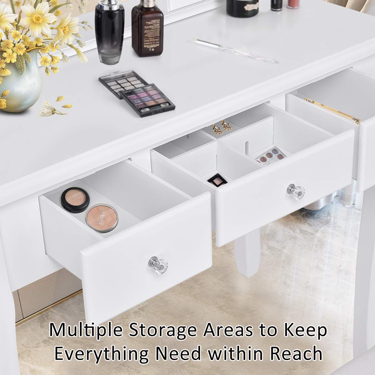 Vanity Table Set, Wooden Dressing Table with Oval 360° Rotating Mirror, 5 Storage Drawers, Painted Finish, Vanity Makeup Table with Padded Stool Seat, Detachable Table Top, Easy to Assemble (White)