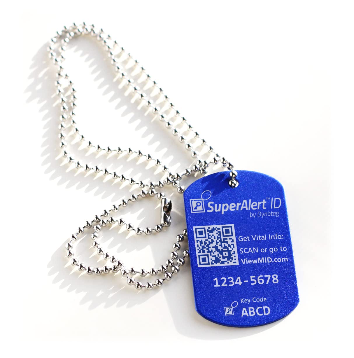 Dynotag® SuperAlertID Smart Military Style Medical ID/Emergency Information Anodized Aluminum Pendant & Chain Set, with DynoIQ™ & Lifetime Service. Blue (Blue)