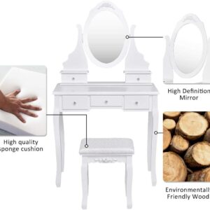 Vanity Table Set, Wooden Dressing Table with Oval 360° Rotating Mirror, 5 Storage Drawers, Painted Finish, Vanity Makeup Table with Padded Stool Seat, Detachable Table Top, Easy to Assemble (White)