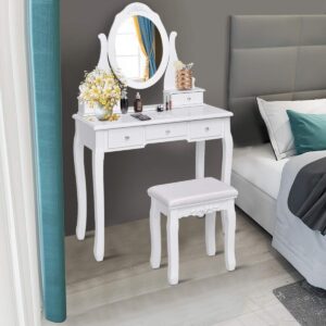 vanity table set, wooden dressing table with oval 360° rotating mirror, 5 storage drawers, painted finish, vanity makeup table with padded stool seat, detachable table top, easy to assemble (white)