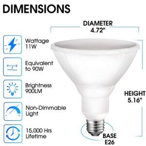 Energetic PAR38 LED Flood Outdoor Light Bulb, 5000K Daylight, 90 Watt Equivalent (11W), Wet Rated, 900LM, E26 Base, Non-Dimmable, UL, 6 Pack