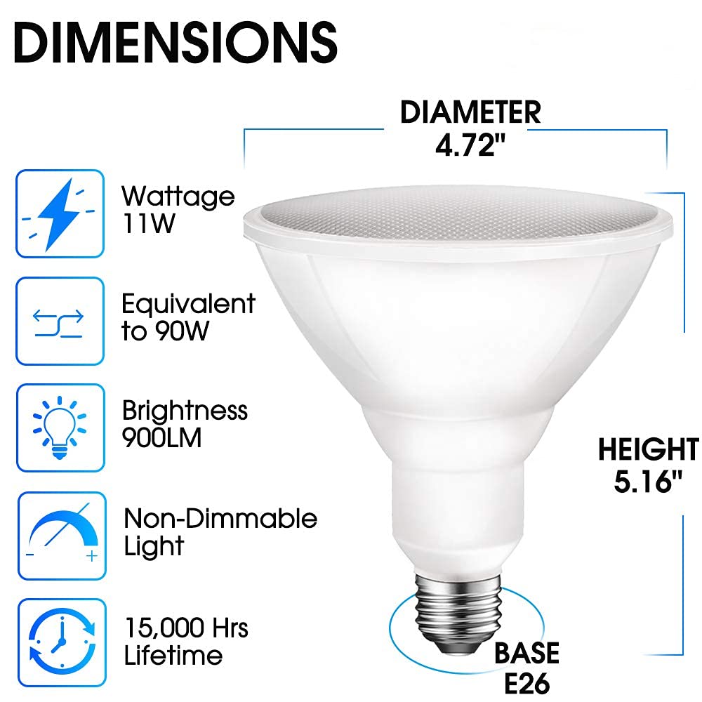 Energetic PAR38 LED Flood Outdoor Light Bulb, 5000K Daylight, 90 Watt Equivalent (11W), Wet Rated, 900LM, E26 Base, Non-Dimmable, UL, 6 Pack