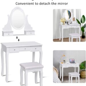 Vanity Table Set, Wooden Dressing Table with Oval 360° Rotating Mirror, 5 Storage Drawers, Painted Finish, Vanity Makeup Table with Padded Stool Seat, Detachable Table Top, Easy to Assemble (White)