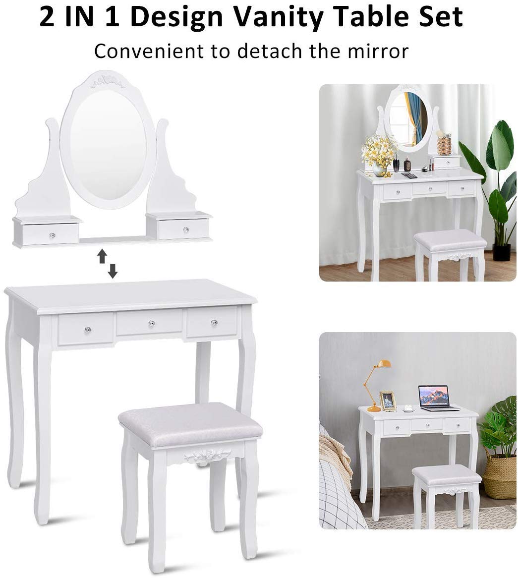 Vanity Table Set, Wooden Dressing Table with Oval 360° Rotating Mirror, 5 Storage Drawers, Painted Finish, Vanity Makeup Table with Padded Stool Seat, Detachable Table Top, Easy to Assemble (White)