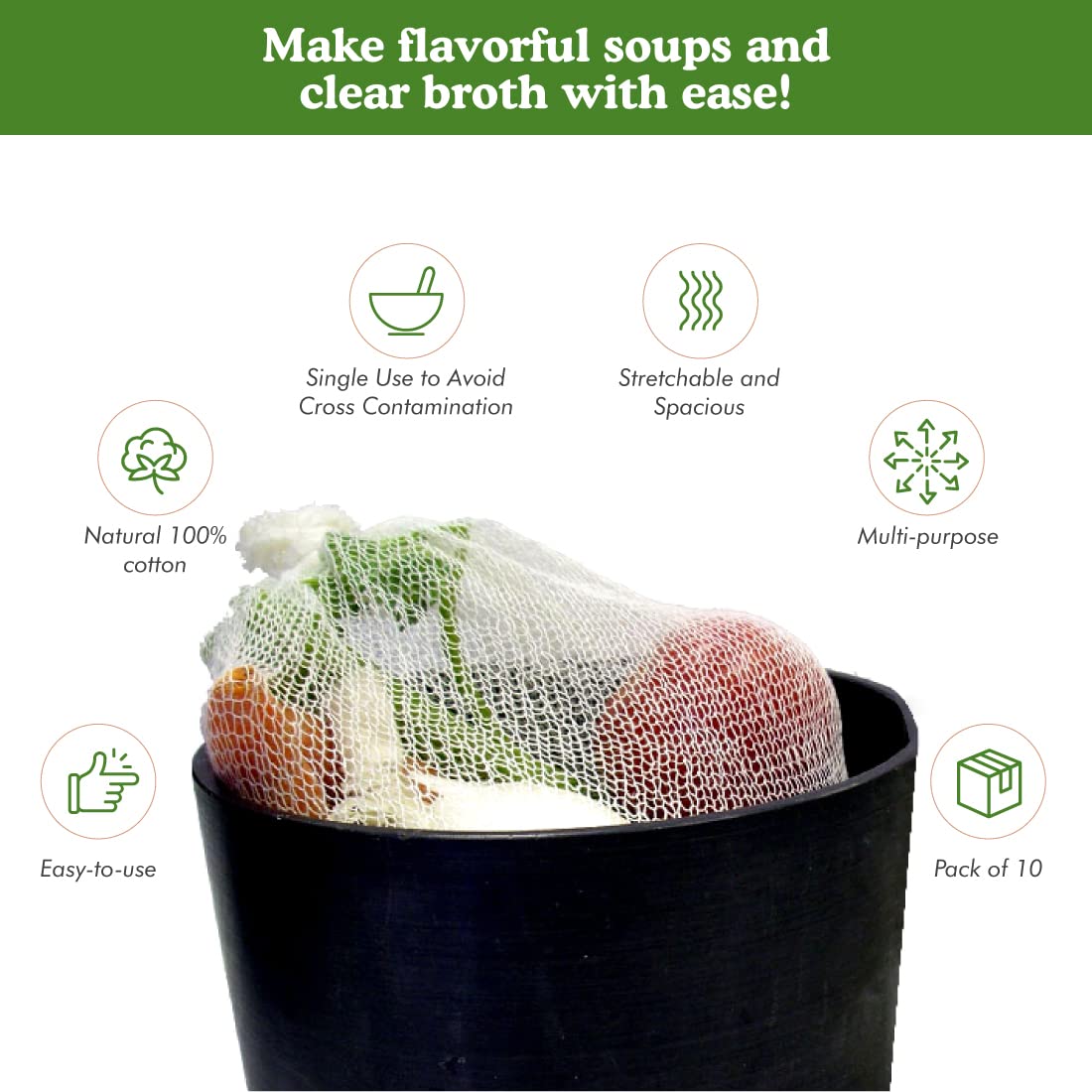 Regency Wraps Soup Socks, Cotton Mesh Bags for Making Clear Flavorful Broth and Soups, Natural 100% Cotton, 24" Pack of 10, Great for Chicken, Veggies, Eggs and More