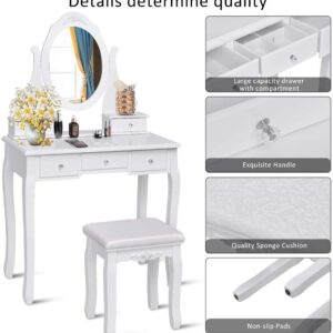 Vanity Table Set, Wooden Dressing Table with Oval 360° Rotating Mirror, 5 Storage Drawers, Painted Finish, Vanity Makeup Table with Padded Stool Seat, Detachable Table Top, Easy to Assemble (White)