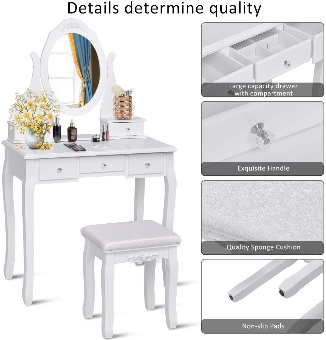 Vanity Table Set, Wooden Dressing Table with Oval 360° Rotating Mirror, 5 Storage Drawers, Painted Finish, Vanity Makeup Table with Padded Stool Seat, Detachable Table Top, Easy to Assemble (White)