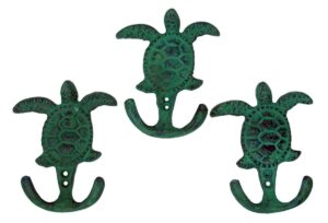 wowser green turtle cast iron wall mount coat hooks, 4 inch, set of 3