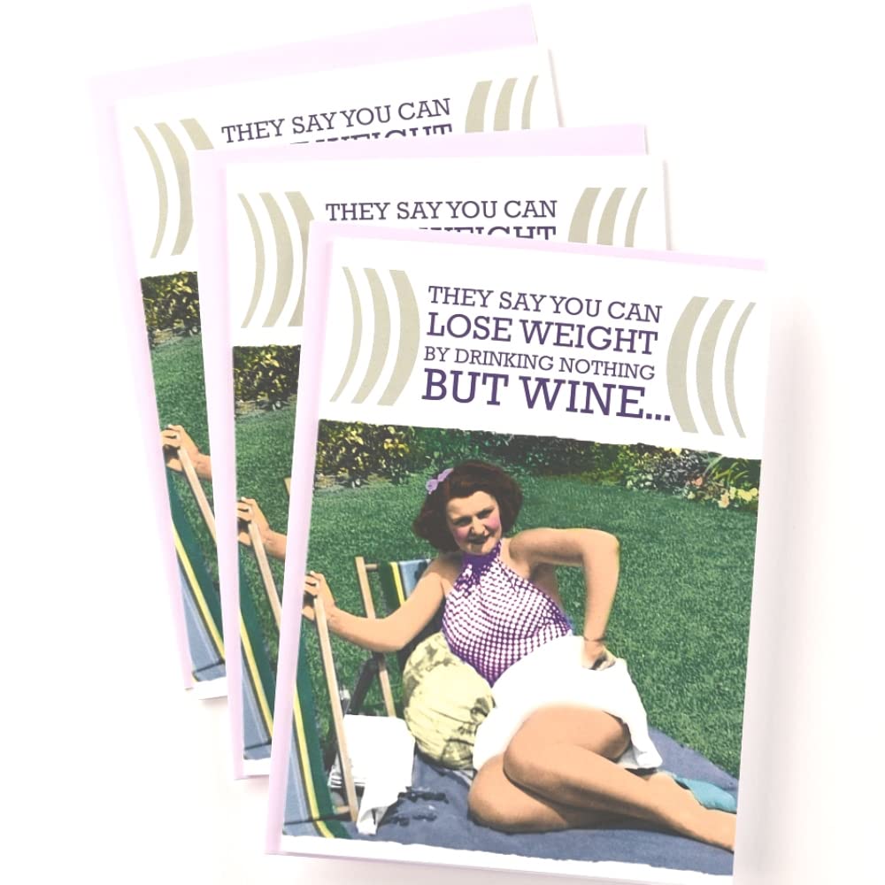 SHADE TREE GREETINGS Funny Women's Birthday Greeting Card (5" x 7") by Actual Pictures | 3 Pack + 3 Envelopes (Wine Weight Loss)