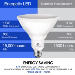 Energetic PAR38 LED Flood Outdoor Light Bulb, 5000K Daylight, 90 Watt Equivalent (11W), Wet Rated, 900LM, E26 Base, Non-Dimmable, UL, 6 Pack