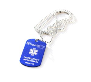 dynotag® superalertid smart military style medical id/emergency information anodized aluminum pendant & chain set, with dynoiq™ & lifetime service. blue (blue)