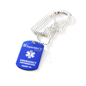 Dynotag® SuperAlertID Smart Military Style Medical ID/Emergency Information Anodized Aluminum Pendant & Chain Set, with DynoIQ™ & Lifetime Service. Blue (Blue)