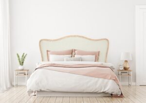 creative co-op, natural, queen modern farmhouse solid oak wood headboard with linen upholstery, beige