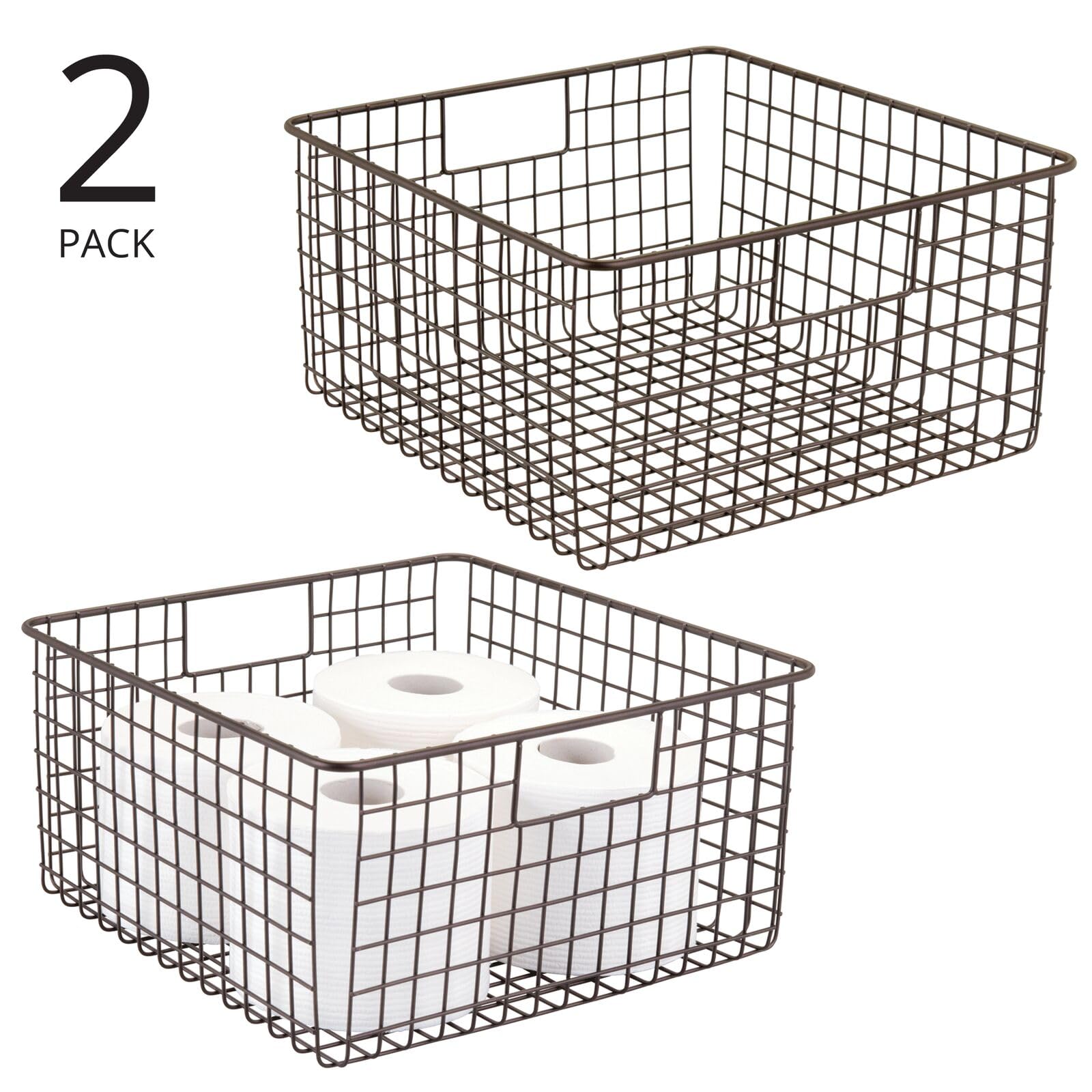 mDesign Metal Wire Bathroom Storage Basket Organizer with Handles - Organize Master/Guest Bathrooms, Linen, Hallway, or Entryway Closets, Bedroom, Laundry Room, Concerto Collection - 2 Pack - Bronze