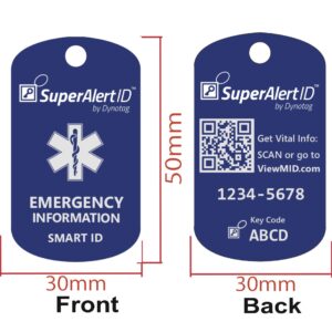 Dynotag® SuperAlertID Smart Military Style Medical ID/Emergency Information Anodized Aluminum Pendant & Chain Set, with DynoIQ™ & Lifetime Service. Blue (Blue)