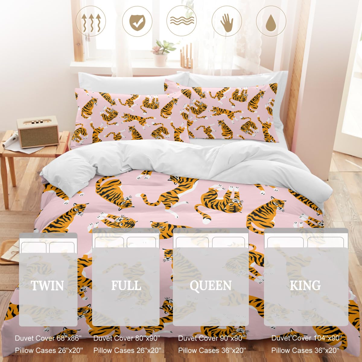 Sleepwish Cute Duvet Cover Cartoon Tigers Pattern Bedding for Kids Teen Girls Boys 3pc Big Cat Animal Bed Set Pink (King)