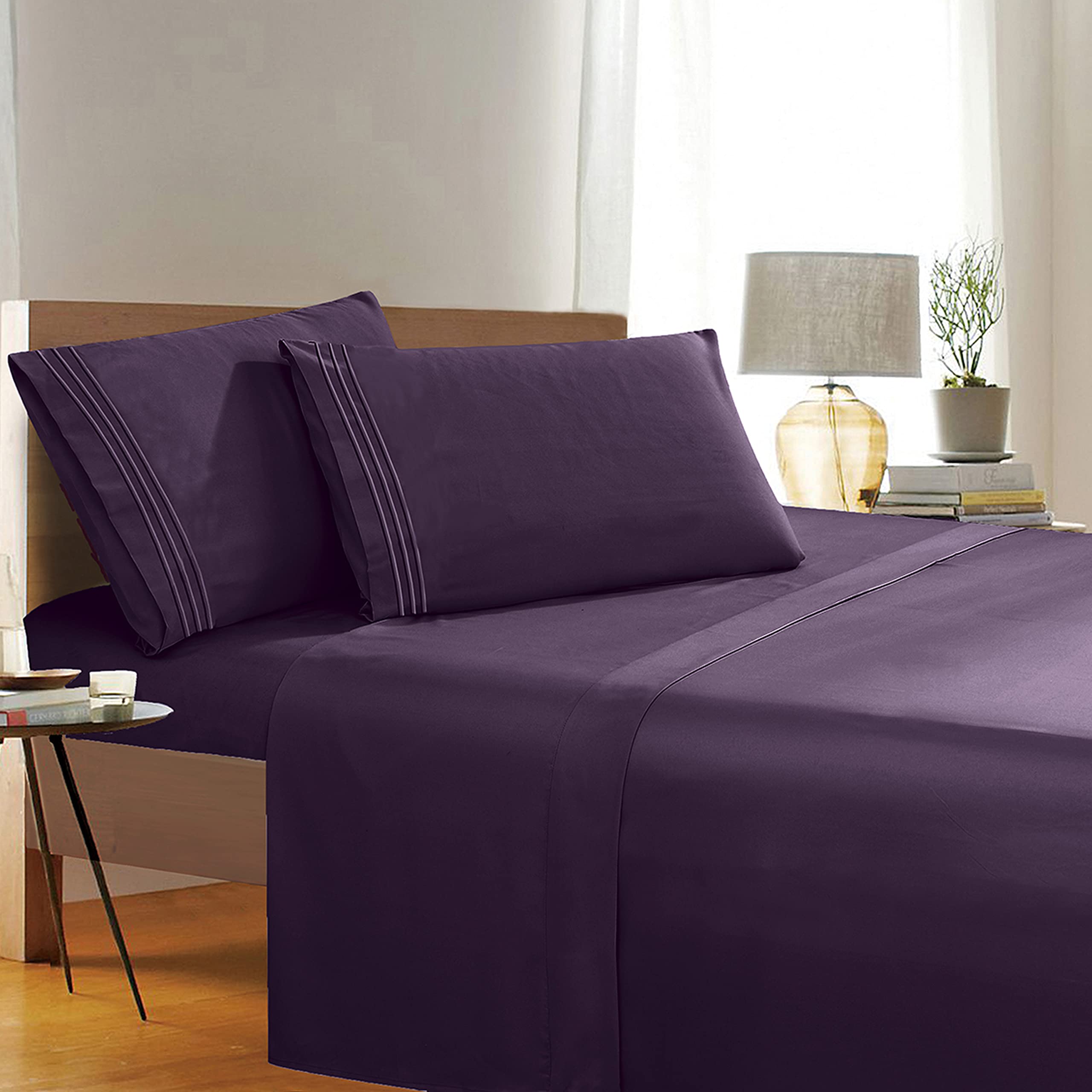 Elegant Comfort 1500 Thread Count Wrinkle & Fade Resistant Egyptian Quality 4-Piece Ultra Soft Luxurious Bed Set Includes Flat, Fitted Sheet and 2 Pillowcases, Full, Boysenberry