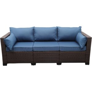 rattaner 3-seat patio wicker sofa, outdoor rattan couch furniture steel frame with furniture cover and deep seat high back, blue anti-slip cushion.